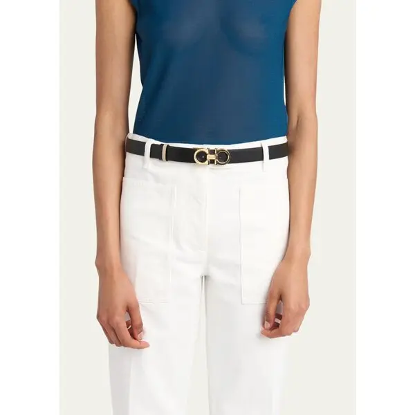 FERRAGAMO Mediterranean Gancini Skinny Leather Belt - Gray