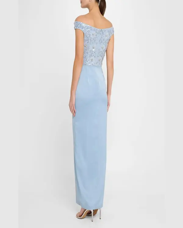 Aidan Mattox Off-Shoulder Beaded Column Gown Clear Water