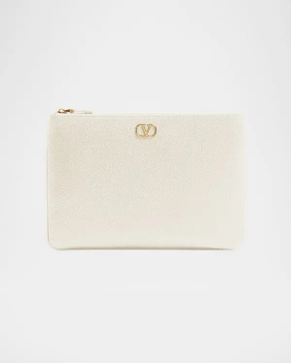 Valentino Garavani Vlogo Medium Leather Flat Pouch Bag - Light Ivory