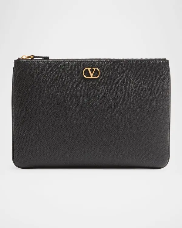 Valentino Garavani Vlogo Medium Leather Flat Pouch Bag - Nero