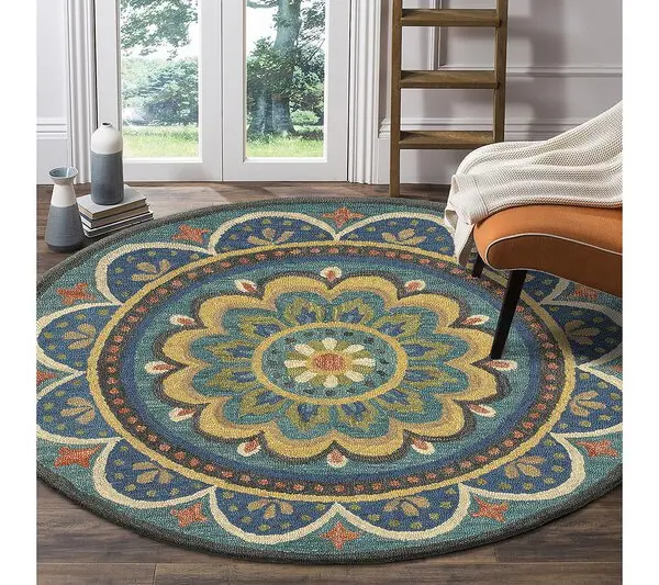 OX BAY TRADING CO. Ox Bay Millie Blue Floral Medallion Wool Indoor 4' Round Rug - One-color