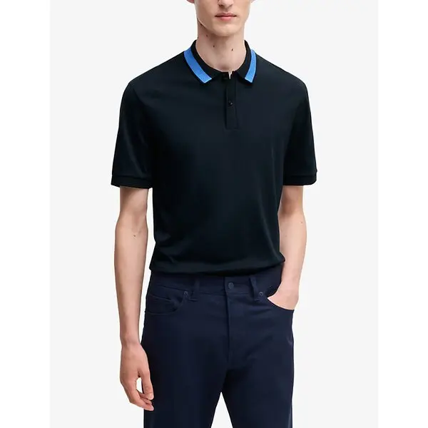 BOSS Striped-trim Slim-fit Cotton-jersey Polo Shirt Xxl - Dark Blue