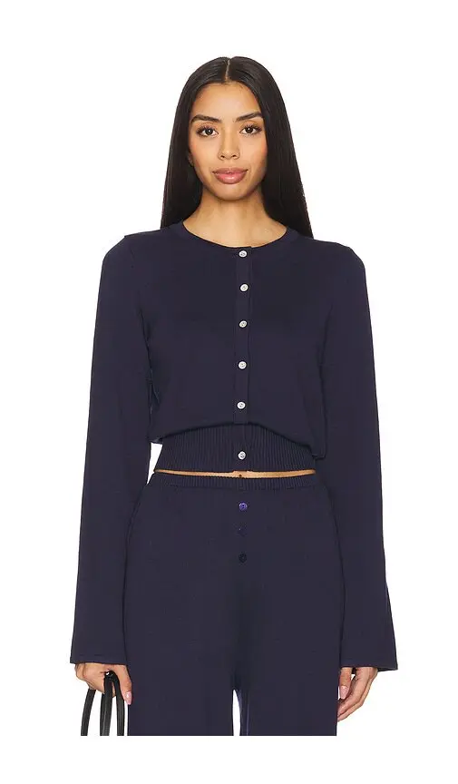 SNDYS. X August Button Up Top Ribbed Trim, Button Closure - Navy