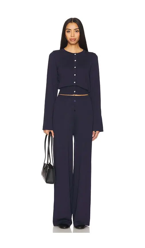 SNDYS. X August Button Up Top Ribbed Trim, Button Closure - Navy