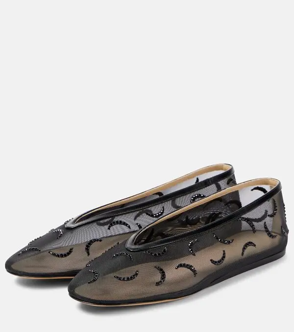 Le Monde Beryl Luna Embroidered Mesh Ballet Flats - Black
