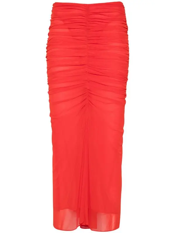 MUGLER Ruched Mesh Midi Skirt - Red