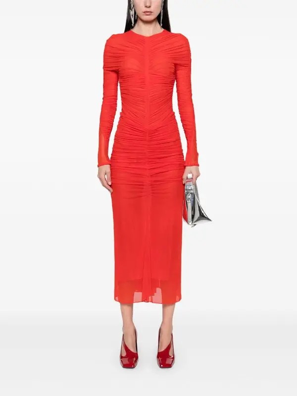 MUGLER Ruched Mesh Midi Skirt - Red