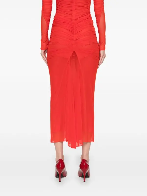 MUGLER Ruched Mesh Midi Skirt - Red