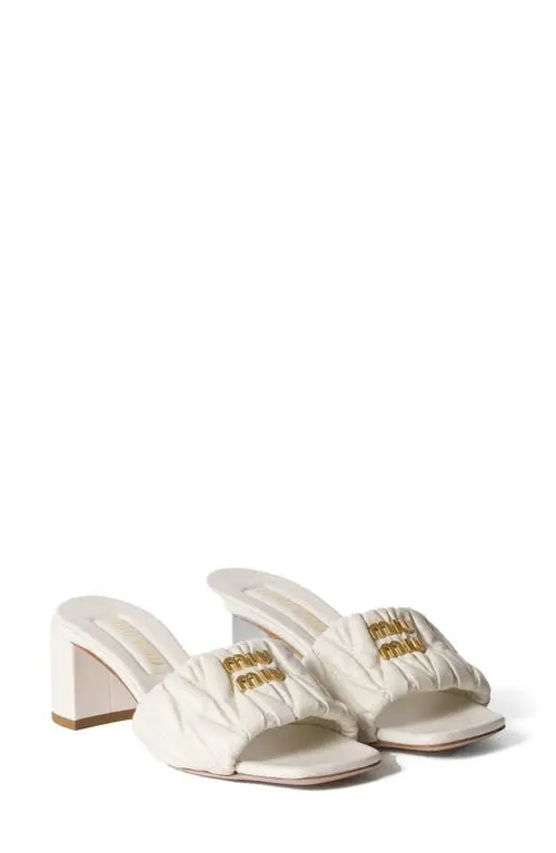 Miu Miu Matelassé Leather Block Heel Slide Sandals - Bianco