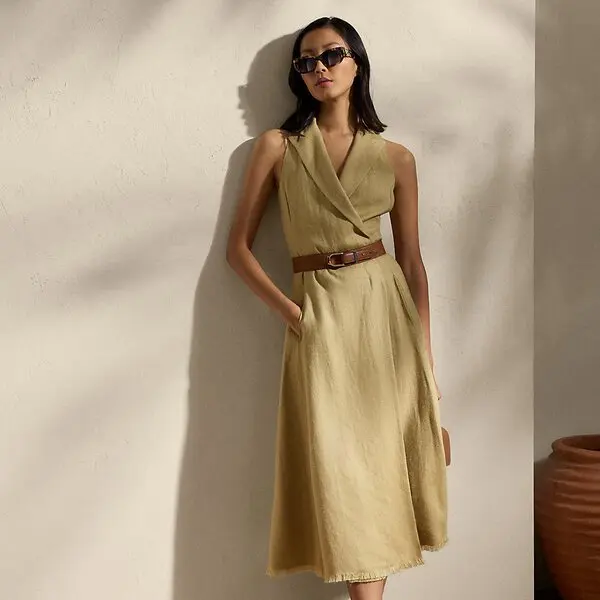 Ralph Lauren Alecia Silk-Linen Twill Day Dress In Lux Tan 30