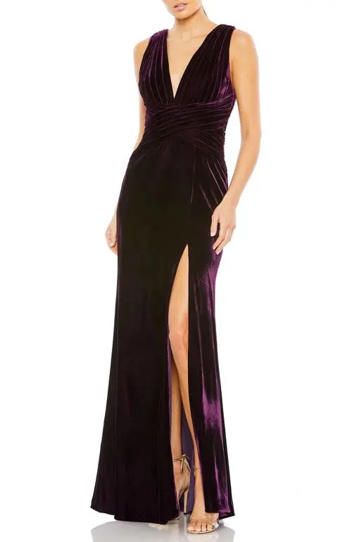 Mac Duggal Velvet Pleated Wrapping Sleeveless Jersey Gown - Amethyst
