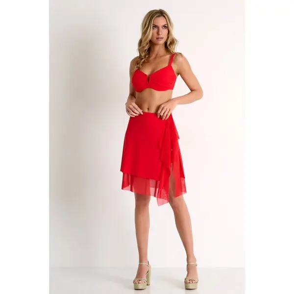 Shan Ruffle Mesh Wrap Pareo Skirt - Red
