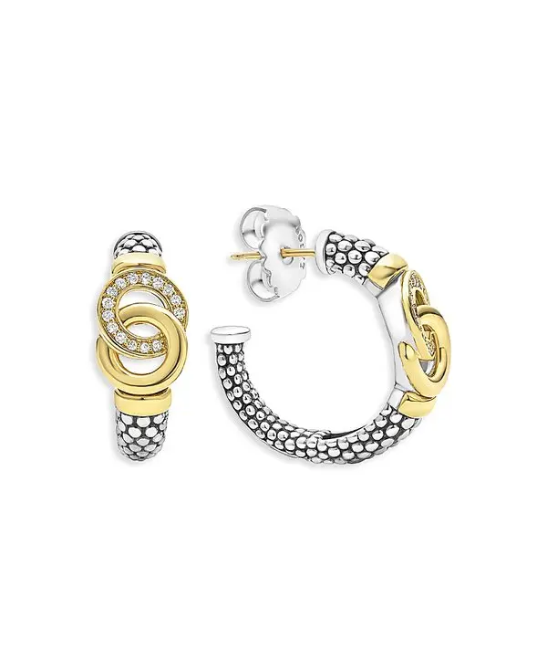 Lagos 18k Yellow Gold & Sterling Diamond Hoop Earrings - Silver