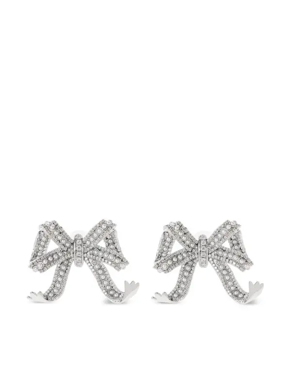 SELF-PORTRAIT Pearl Crystal Bow Earrings - Silver