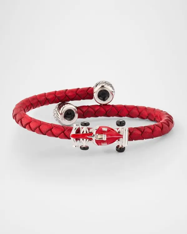 JAN LESLIE Braided Leather Bracelet With Enamel Race Car - Red