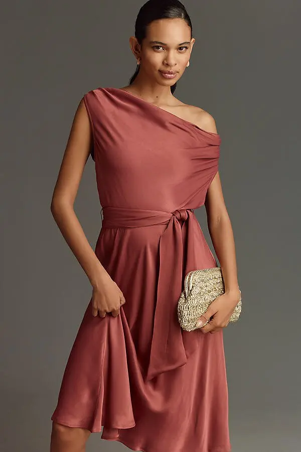 maeve asymmetrical tie-waist satin midi dress Asymmetrical Tie-waist Satin Midi Dress