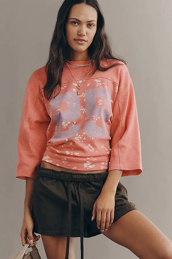PILCRO 3/4 Sleeve Varsity T-shirt - Red Floral