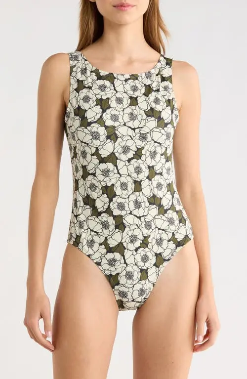HUTCH Buckle Back One-piece Swimsuit - Blck Olive Flt Outline Poppies