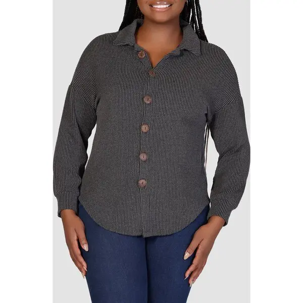 24SEVEN COMFORT APPAREL Textured Stripe Knit Button-up Shirt - Black