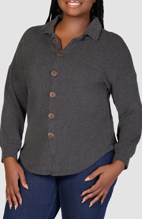 24SEVEN COMFORT APPAREL Textured Stripe Knit Button-up Shirt