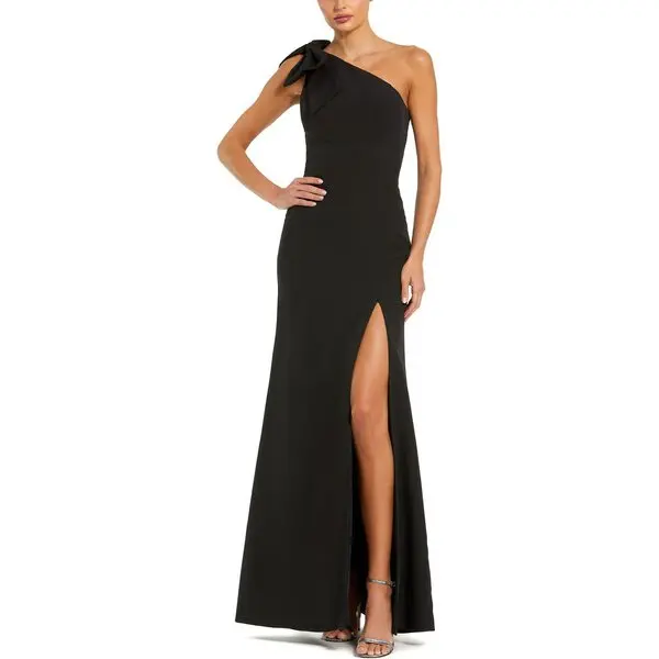 Mac Duggal Crepe One-shoulder Gown With Bow - Black