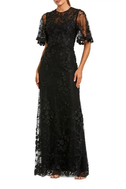 Mac Duggal Flutter Sleeve Embroidered Net Gown - Black