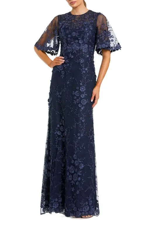 Mac Duggal Floral Embroidered Net Gown With Flutter Sleeves - Midnight