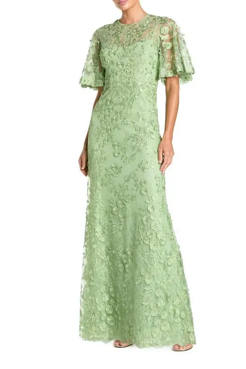 Mac Duggal Floral Embroidered Flutter Sleeve Net Gown - Sage