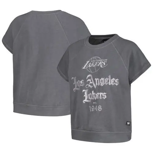 THE WILD COLLECTIVE Los Angeles Lakers Embroidered Fleece Raglan Short Sleeve Pullover Sweatshirt - Gray