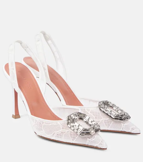 Amina Muaddi Camelia 90 Embellished Lace Slingback Sandals - White