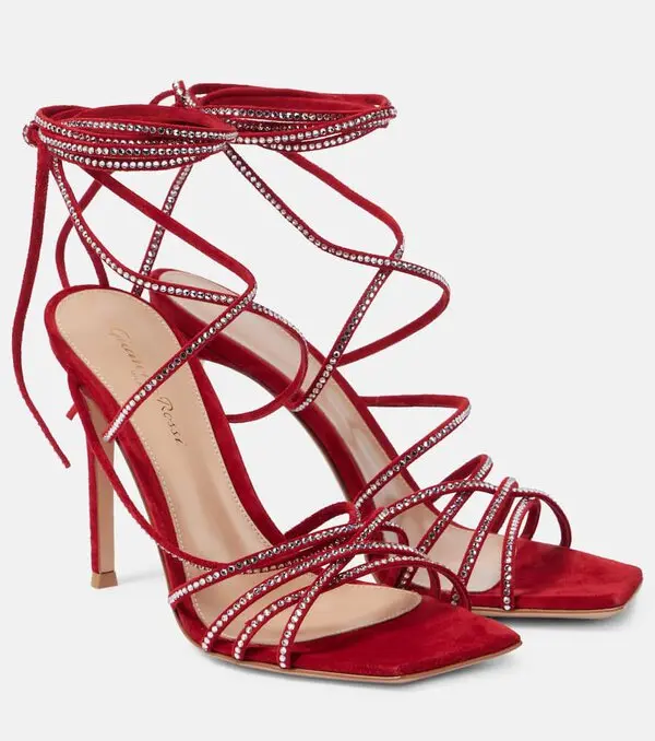 GIANVITO ROSSI 105 Crystal-embellished Suede Sandals - Red