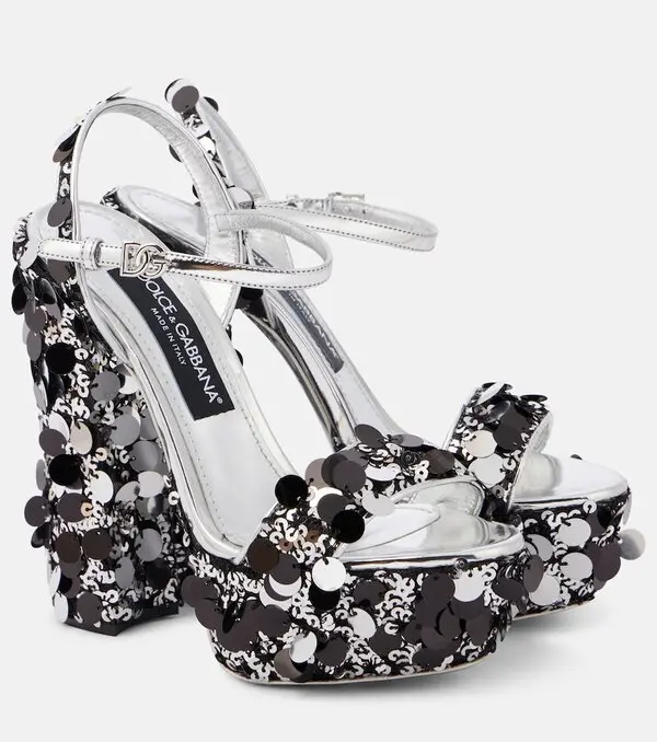 Dolce & Gabbana Sequined Faux Leather Platform Sandals - Silver