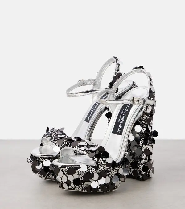 Dolce & Gabbana Sequined Faux Leather Platform Sandals - Silver