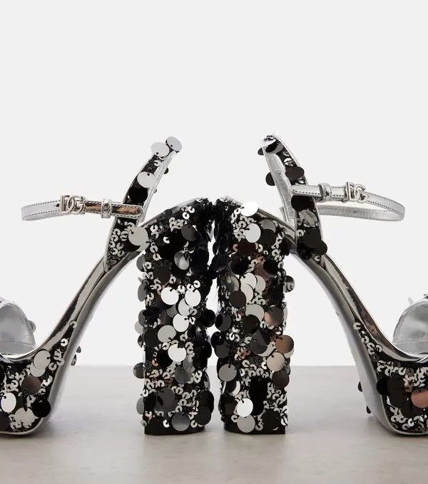 Dolce & Gabbana Sequined Faux Leather Platform Sandals - Silver