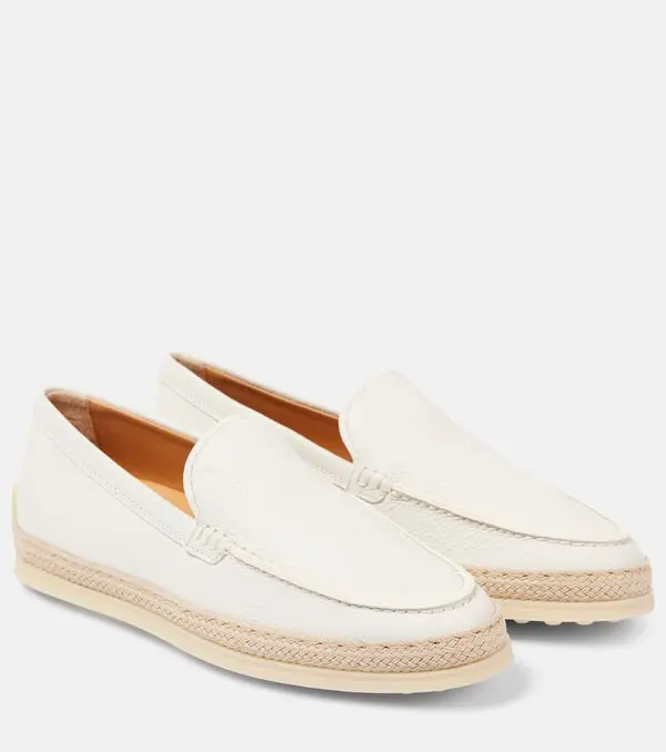 TOD'S Raffia-trimmed Leather Loafers - White