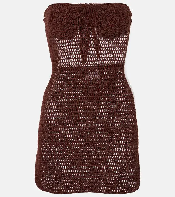 Anna Kosturova Floral Crochet Cotton Bustier Mini Dress - Brown