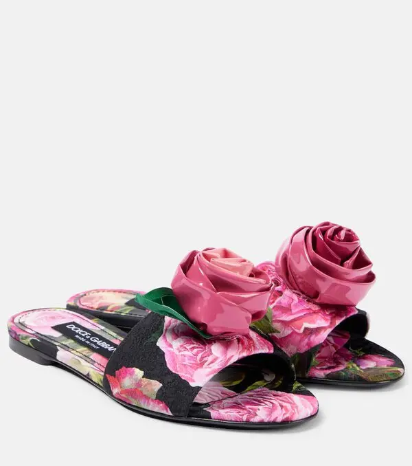 Dolce & Gabbana Floral-appliqué Brocade Slides - Black