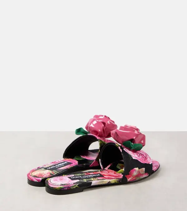Dolce & Gabbana Floral-appliqué Brocade Slides - Black