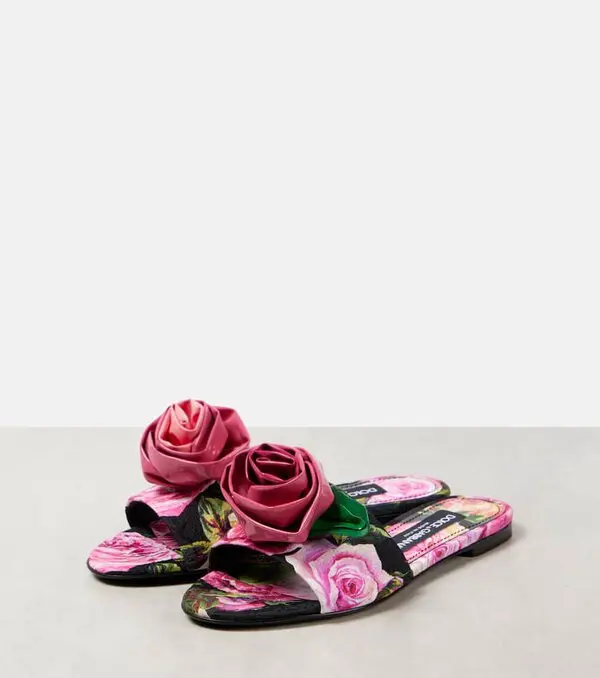 Dolce & Gabbana Floral-appliqué Brocade Slides - Black