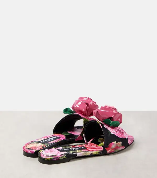Dolce & Gabbana Floral-appliqué Brocade Slides - Black