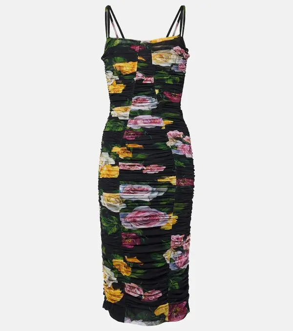 Dolce & Gabbana Floral Ruched Tulle Midi Dress