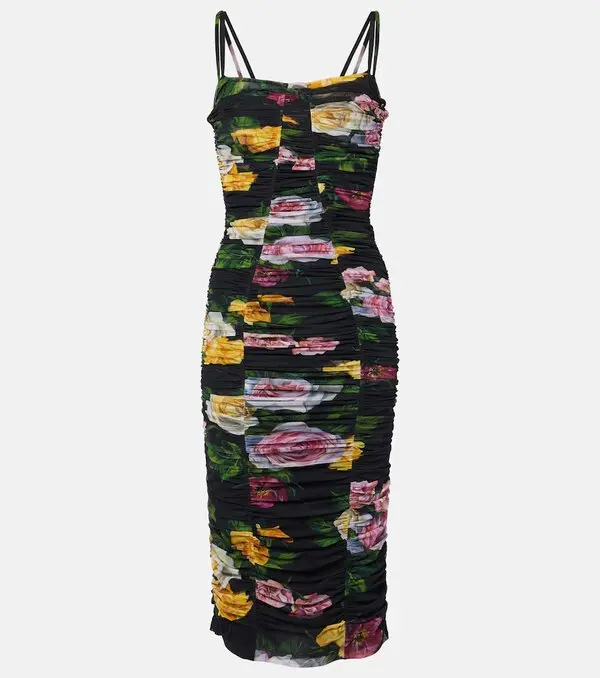 Dolce & Gabbana Floral Ruched Tulle Midi Dress - Multicoloured