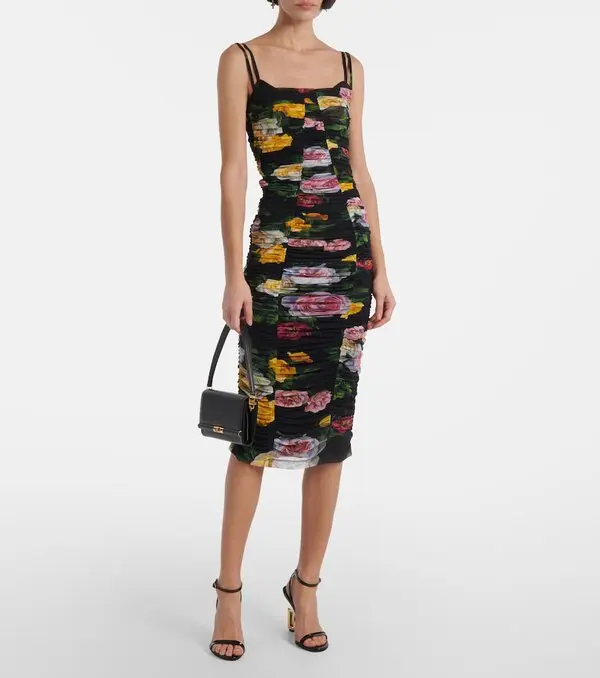 Dolce & Gabbana Floral Ruched Tulle Midi Dress - Multicoloured