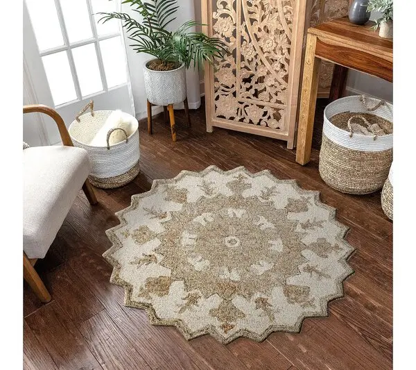 OX BAY TRADING CO. Ox Bay Beige Medallion Wool Round Indoor Rug, 3 Round - One-color