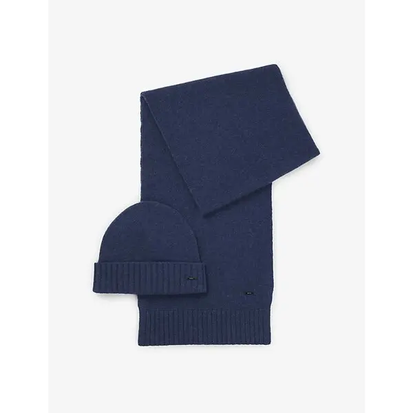 BOSS Wool-blend Scarf And Beanie Hat Set - Dark Blue