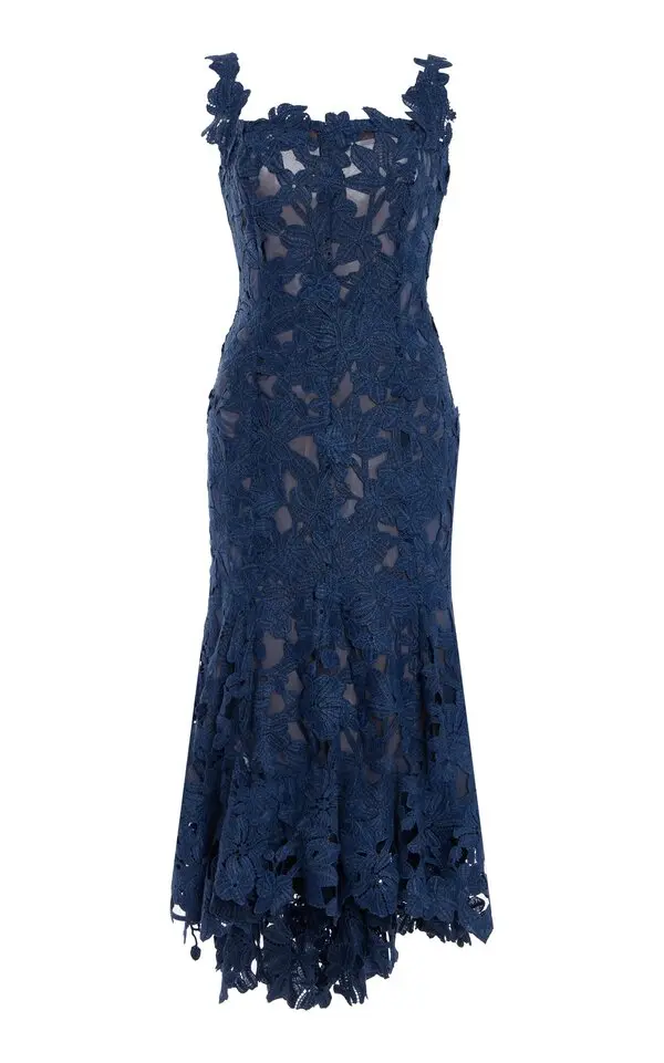 Oscar De La Renta Floral Guipure Midi Dress - Blue