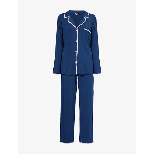 Eberjey Frida Contrast-piping Stretch-jersey Pyjamas - Navy/ivory