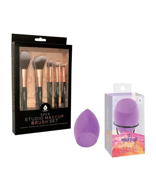 PURSONIC Complete Makeup Application Kit 5 Piece Studio Makeup Brush Set & Facial Makeup Blender Sponge With Stand - Black