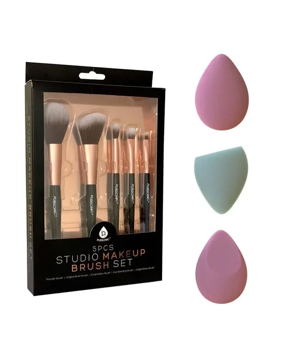 PURSONIC 5-piece Studio Makeup Brush Set & 3-pack Beauty Makeup Sponge Blenders - Black