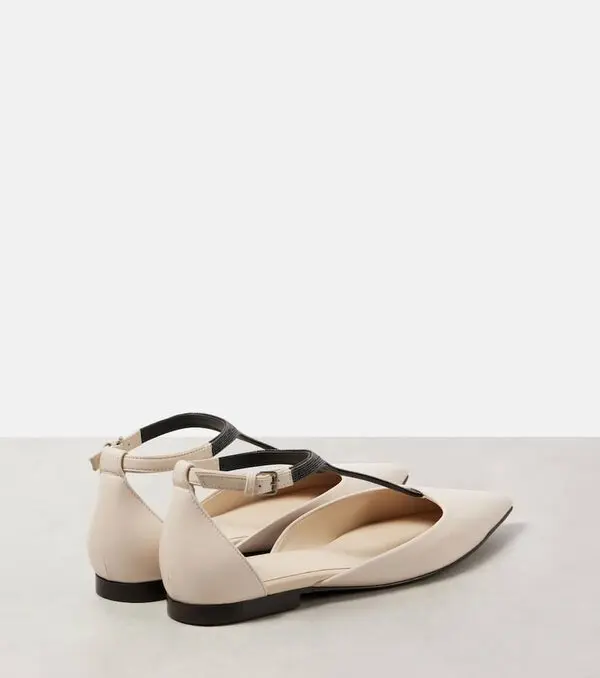 Brunello Cucinelli Monili Leather T-bar Flats